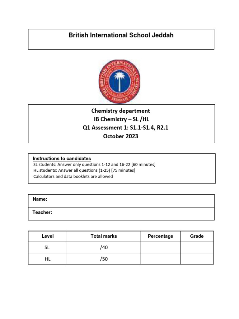 IB Chemistry S1 Assessment Guide | PDF | Emission Spectrum | Atoms