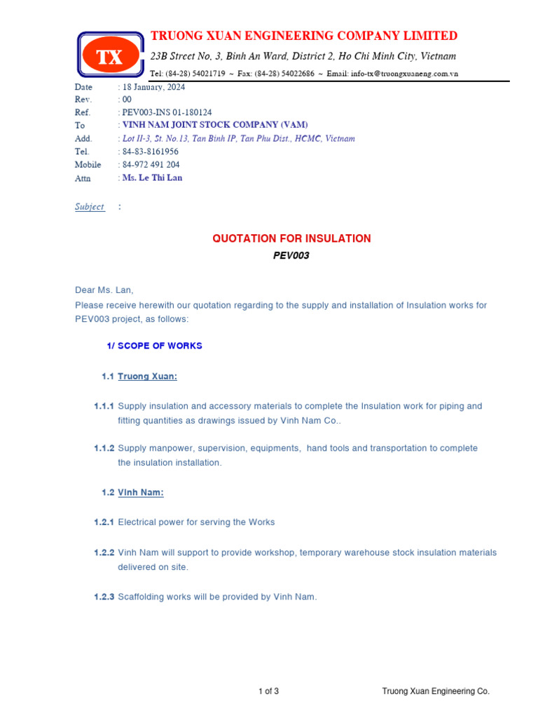 PEV003 - Insulation Quotation To Vinh Nam | PDF | Pipe (Fluid ...