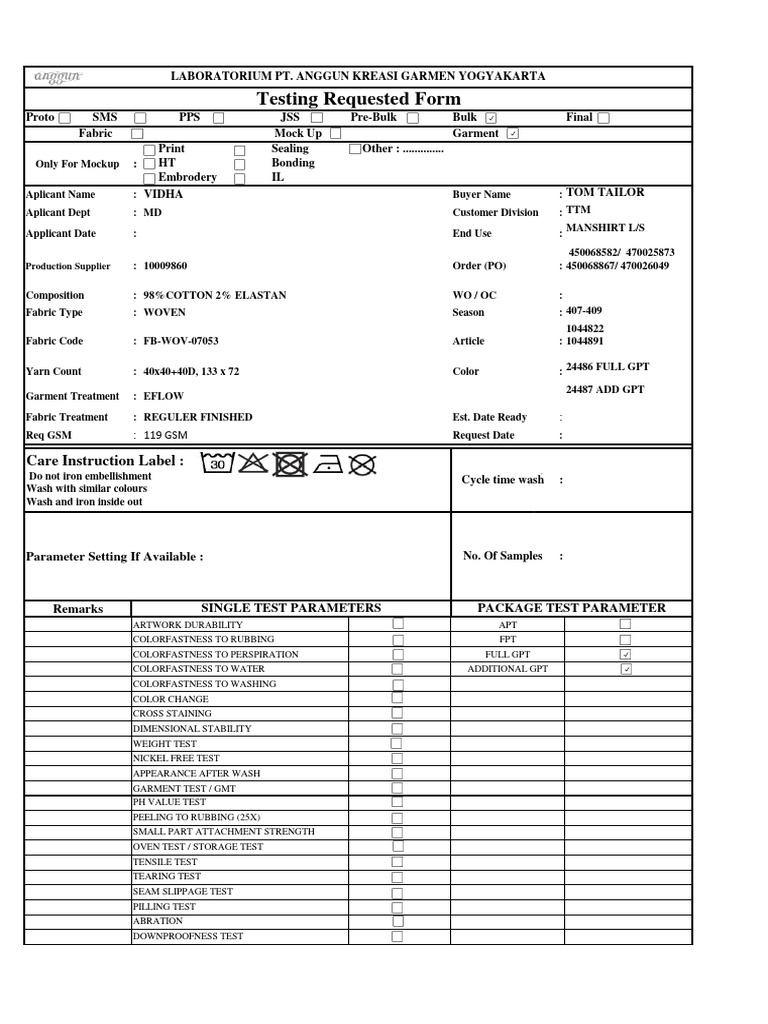 Testing Requested Form: Care Instruction Label | PDF | Textiles | Materials