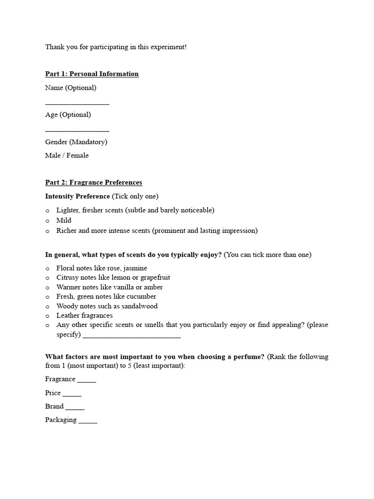 Perfume questionnaire | PDF