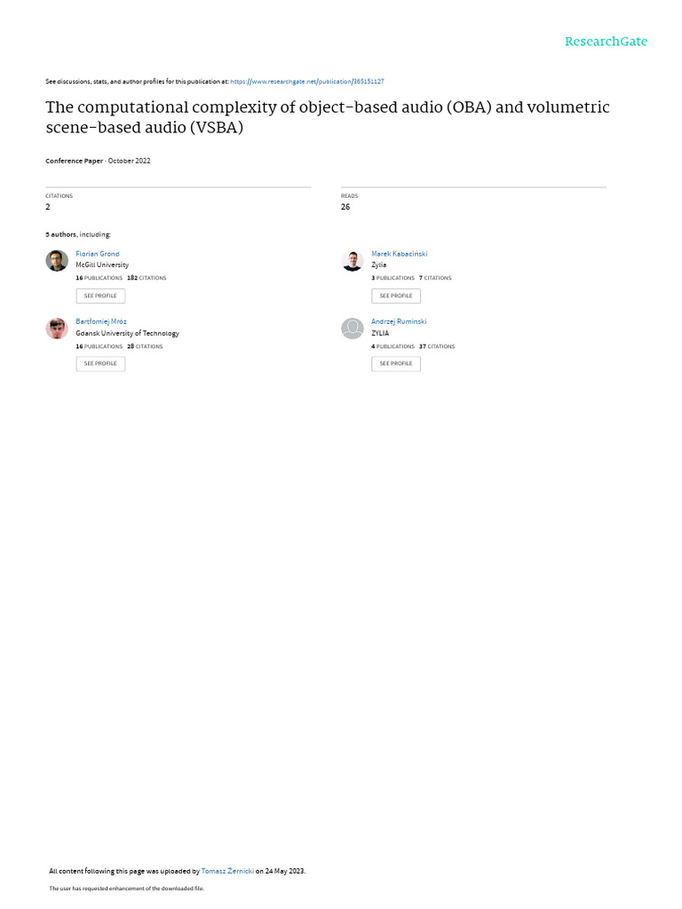Zernicki AES153 Thecomputationalcomplexityofobject basedaudioOBAandvolumetricscene ...