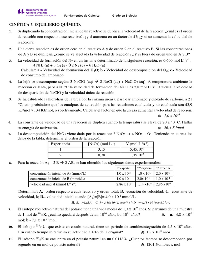 Problemas cinÃ©tica-equilibrio-FQB-21-22 | PDF | Equilibrio químico | Dióxido de carbono