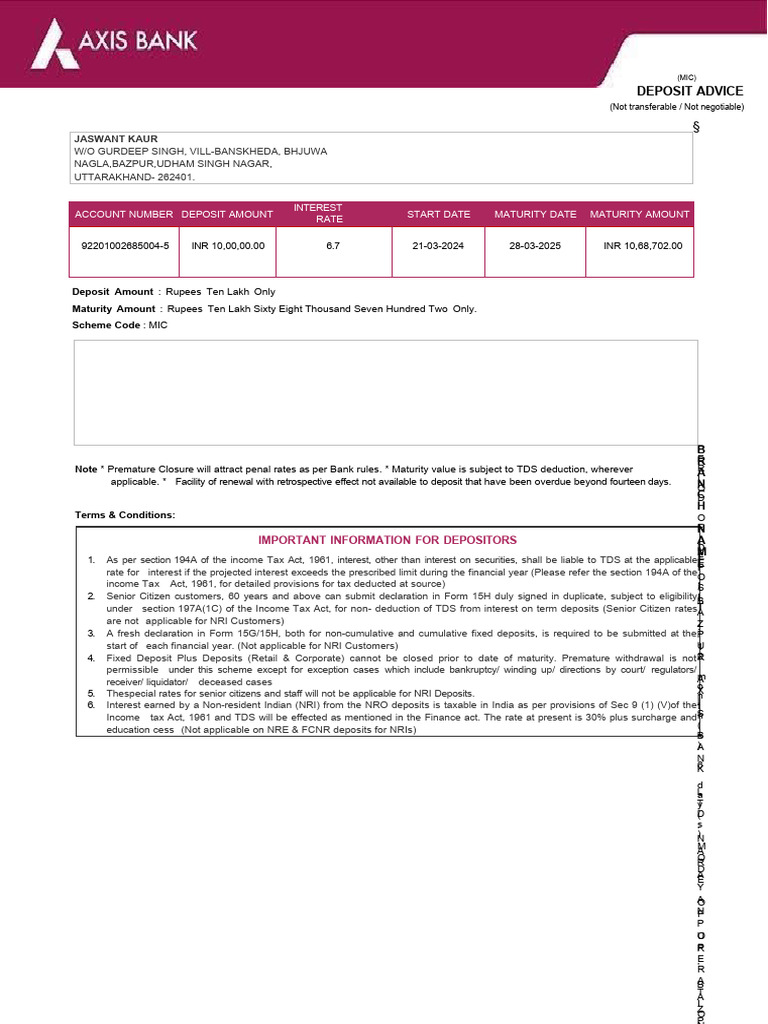 Axis Bank Fixed Deposit Details | PDF | Economies | Personal Finance
