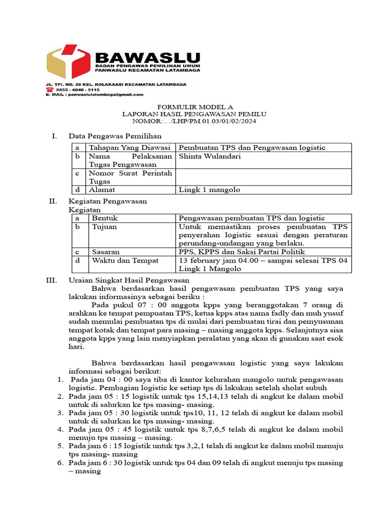 FORM A Pengawasan Logistik Dan Pembuatan Tps | PDF