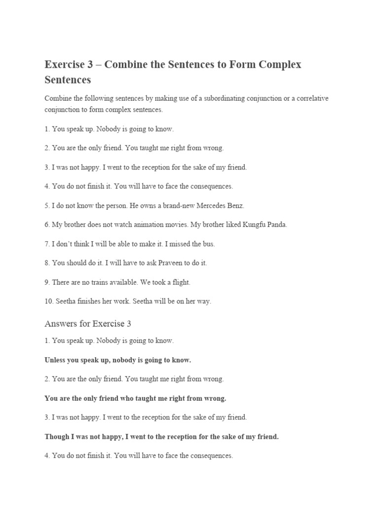 Complex Sentence Formation Exercise | PDF | Language Arts & Discipline