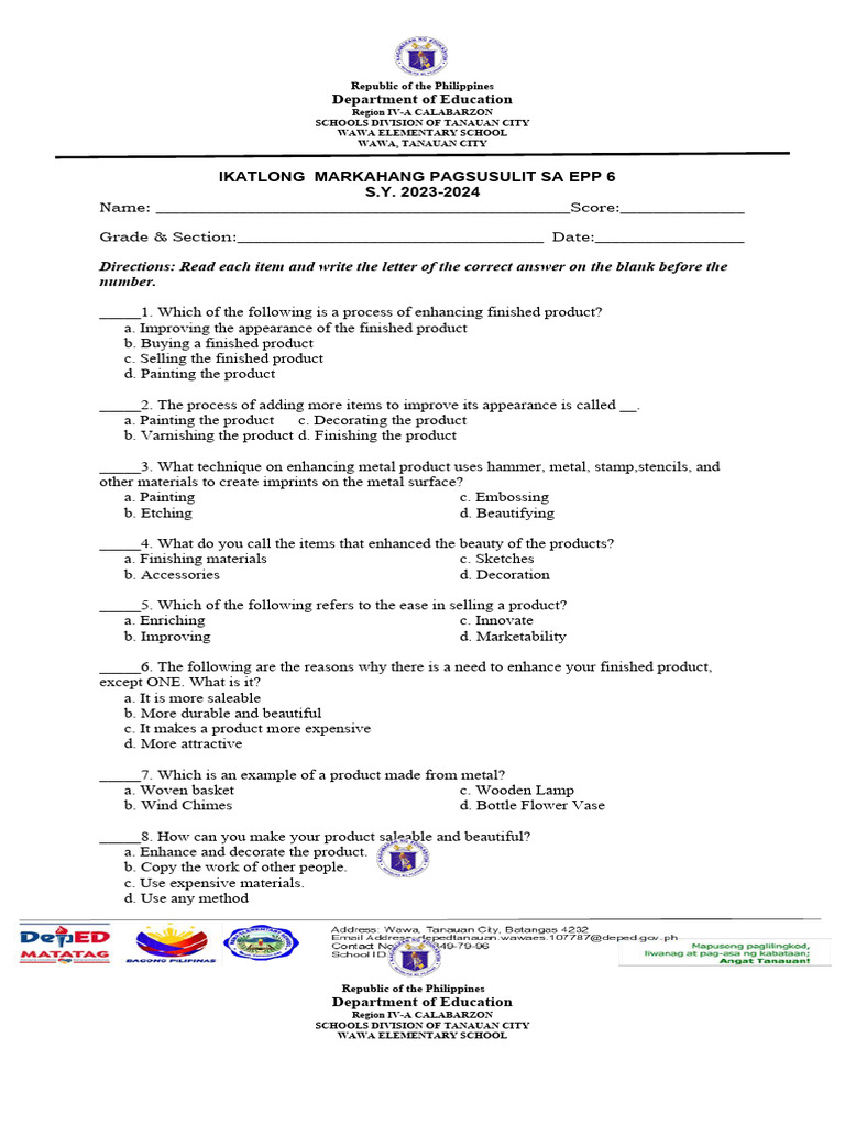 EPP 6 Marking Period Exam Guide | PDF | Career & Growth | Art