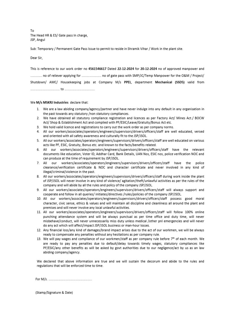 Gate Pass Application for Workers | PDF | Justice | Crime & Violence