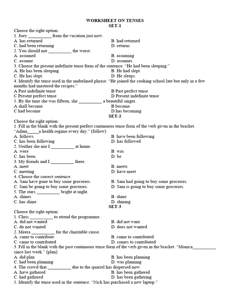 Tenses Worksheet for Class 6-9 | PDF | Grammatical Tense | Syntax