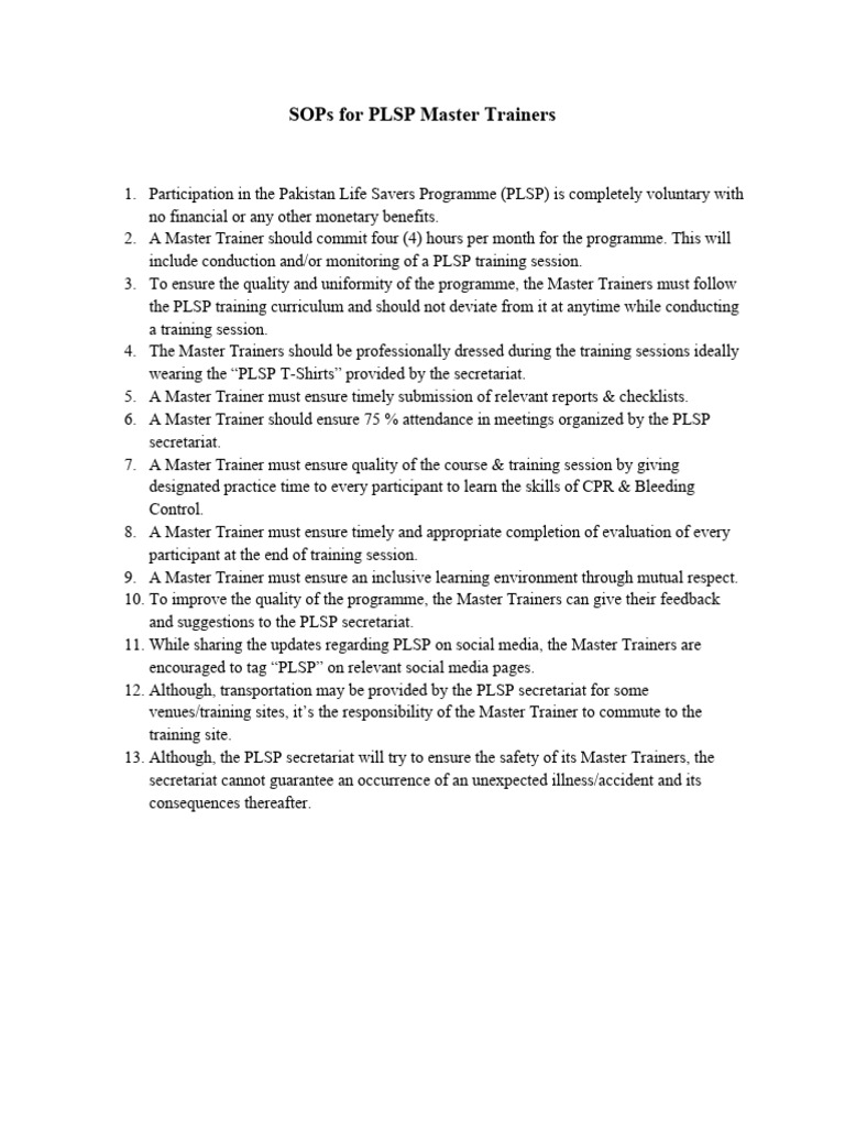 SOPs For PLSP Master Trainers | PDF