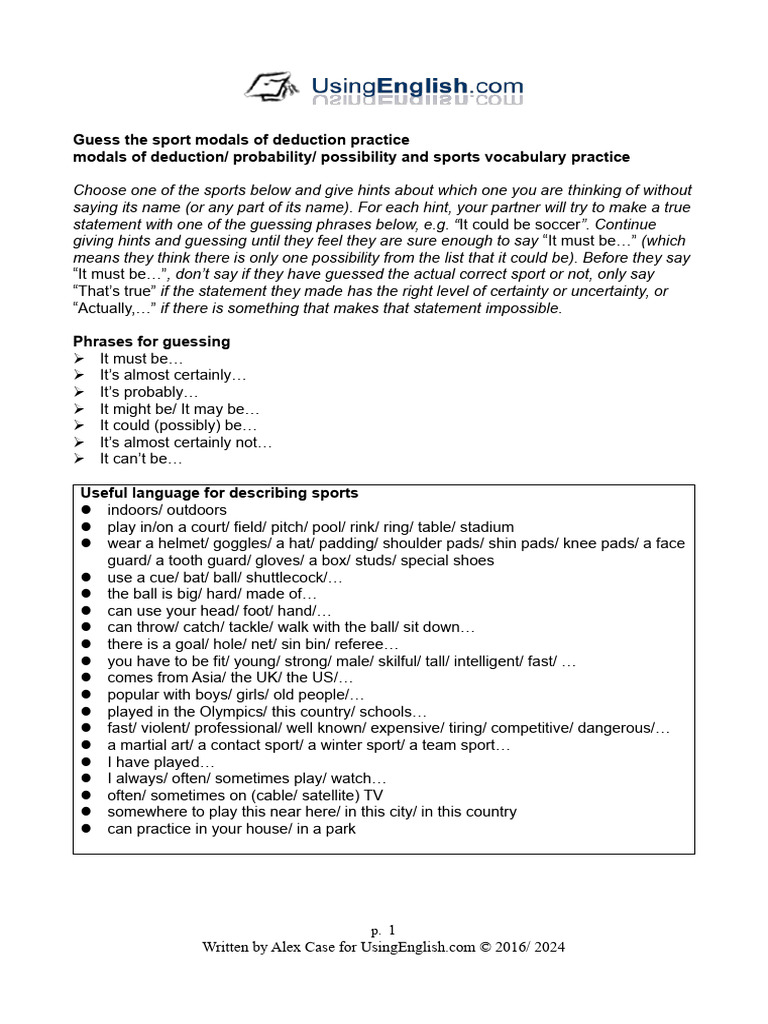 Modals of Deduction Practice Guess The Sport | PDF | Sports