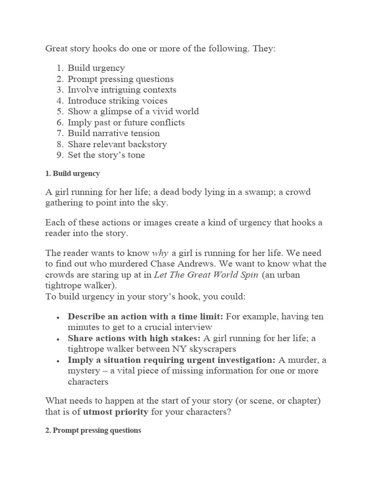 Great Story Hooks Do One or More of The Following | PDF | Narration