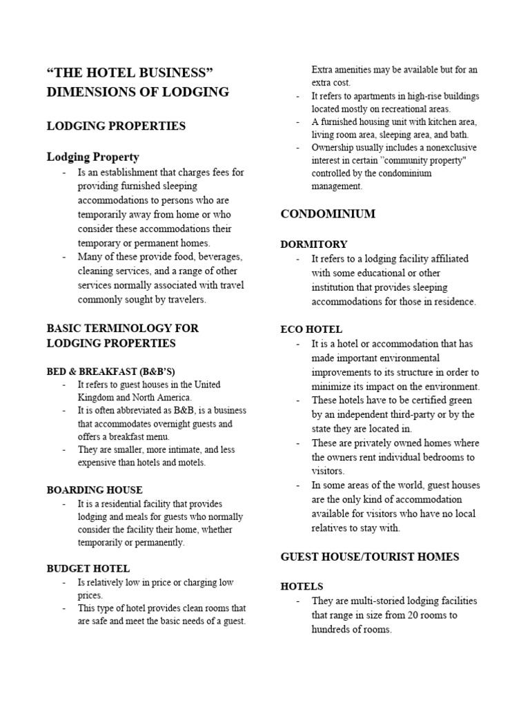 The Hotel Business Dimensions of Lodging | PDF | Hotel | Resort