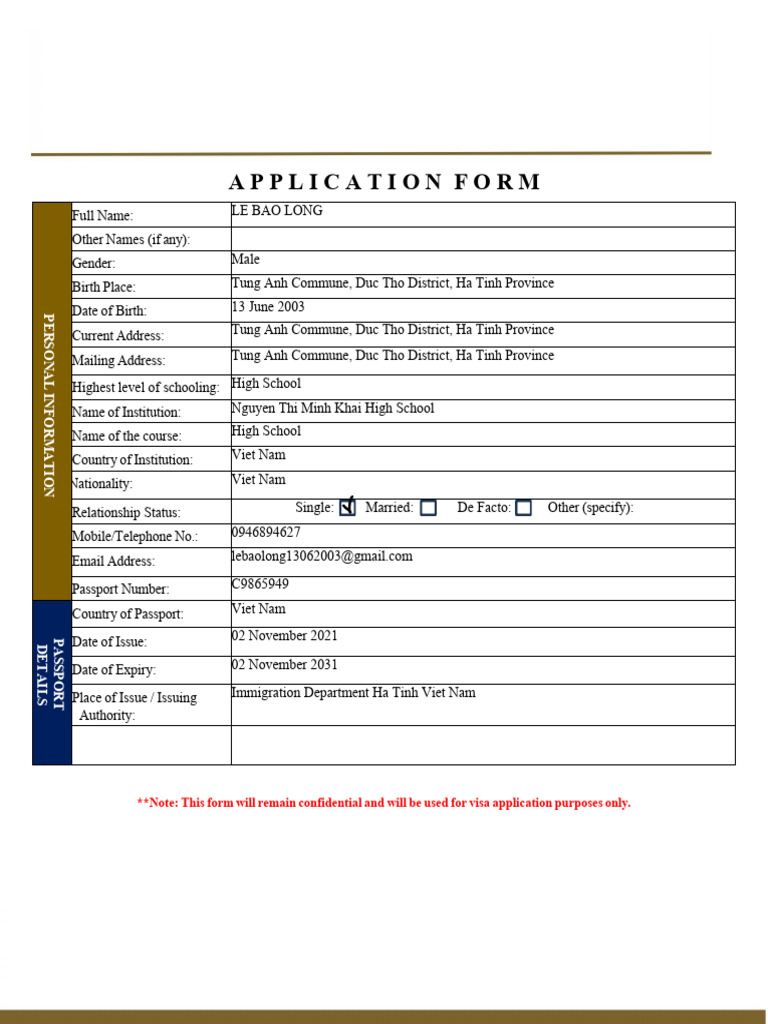 Application Form: Note: This Form Will Remain Confidential and Will Be ...