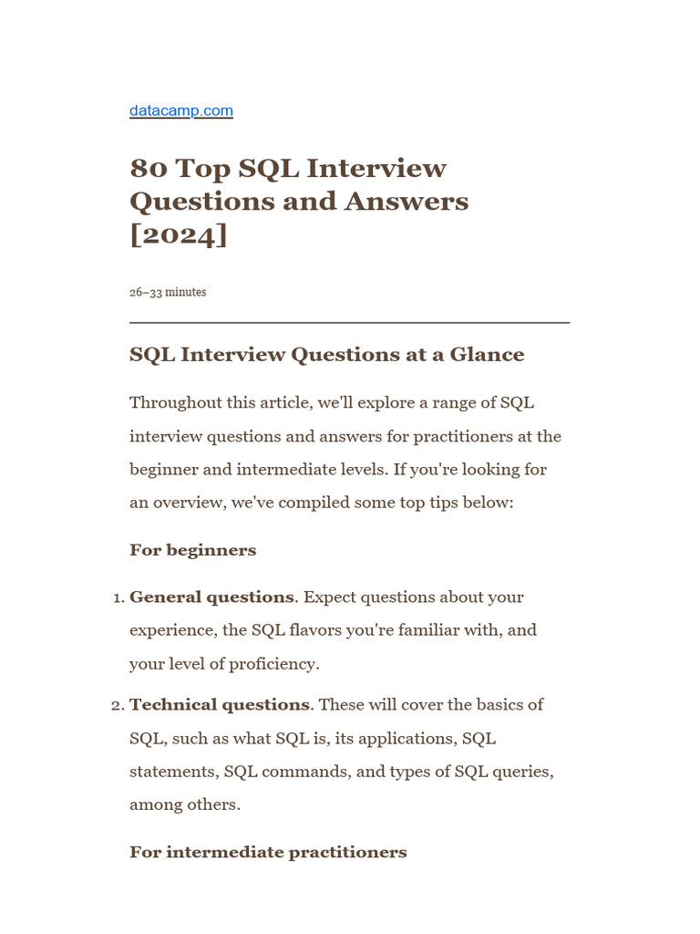 80 Top SQL Interview Questions and Answers (2024) DataCamp - 1 | PDF | Career & Growth ...