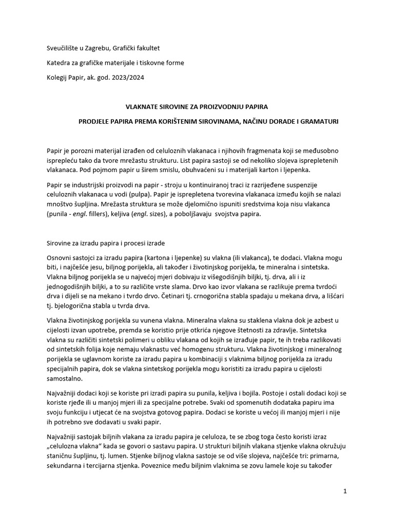 1 - 2 - Vlaknate Sirovine Za Proizvodnju Papira | PDF