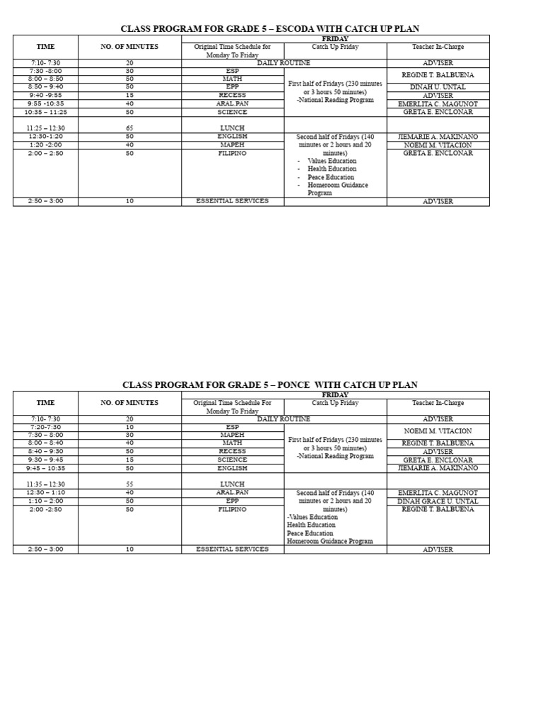 Class Program For Grade 5 With Catch Up Plan | PDF | Educational ...
