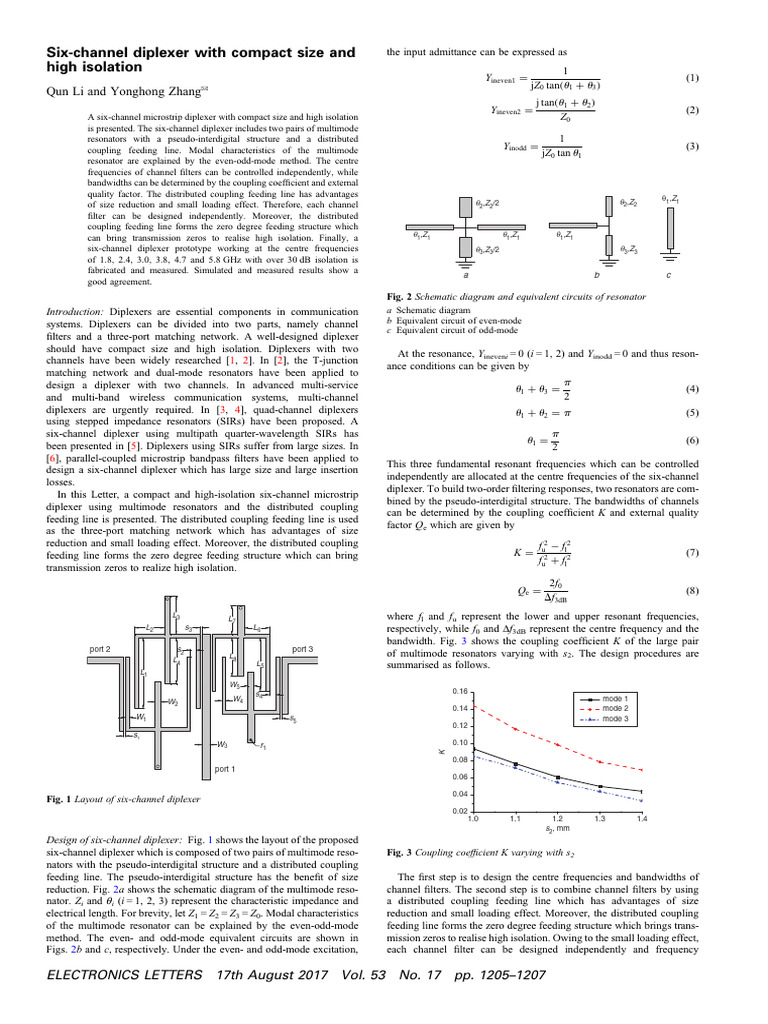 Six-Channel Diplexer With Compact Size and High Isolation | Download Free PDF ...