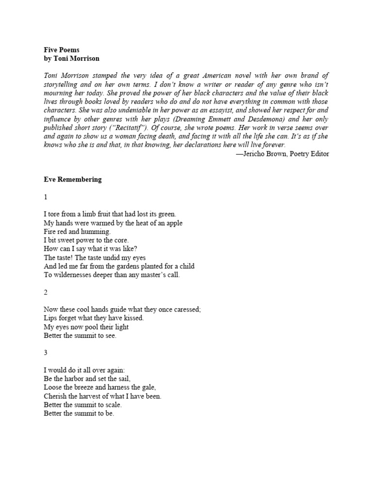 Five Poems Tony Morrison | PDF | Art | Poetry