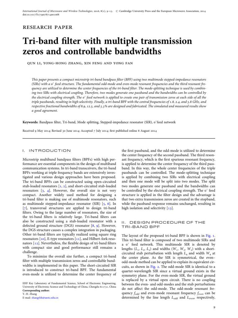 Tri-Band Filter With Multiple Transmission Zeros and Controllable ...