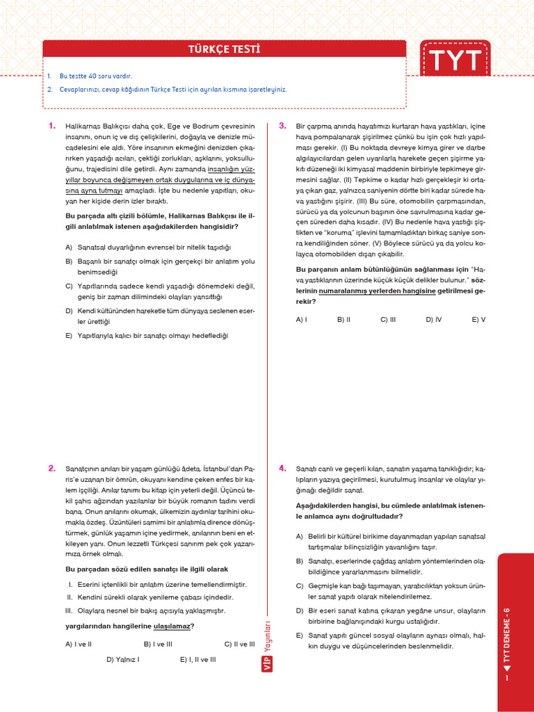 Turkce Tyt Deneme Sinavi 12 | PDF
