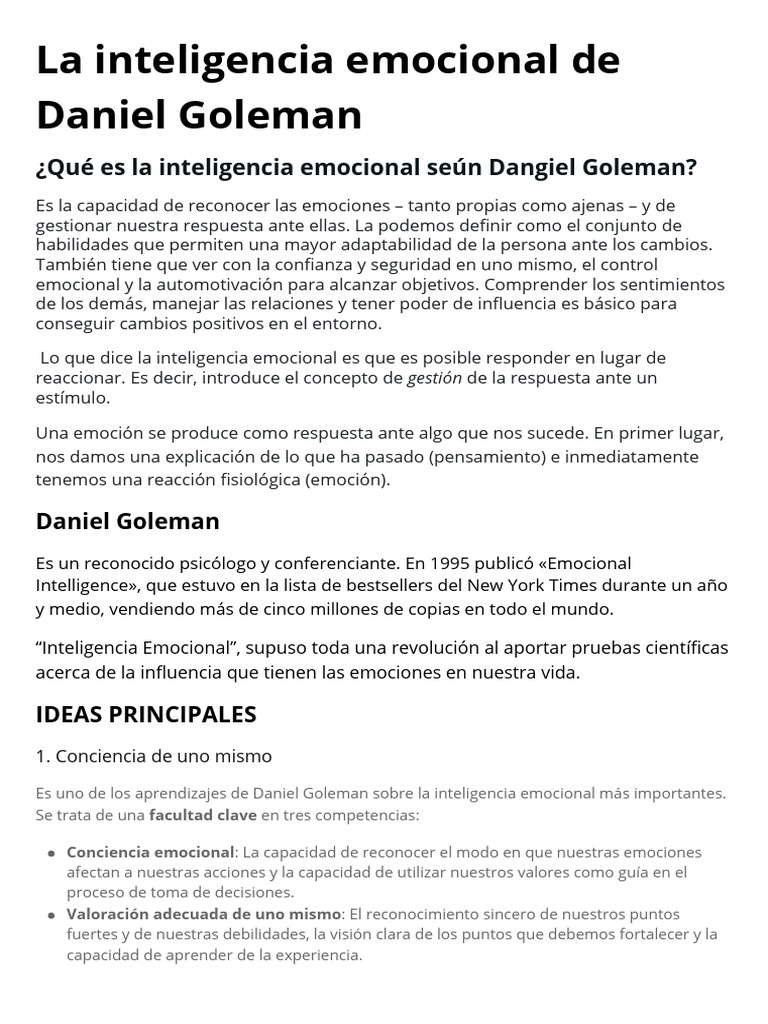 La Inteligencia Emocional de Daniel Goleman | PDF | Inteligencia emocional | Las emociones