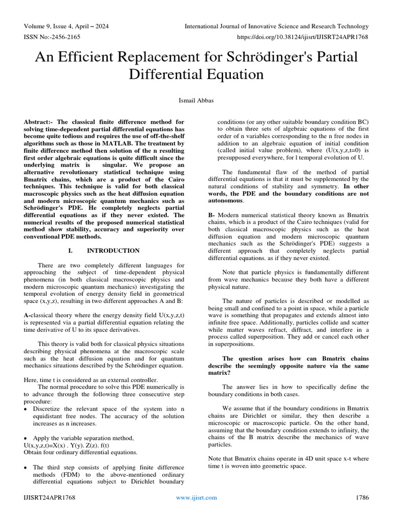 An Efficient Replacement For Schrödinger's Partial Differential Equation | PDF | Partial ...