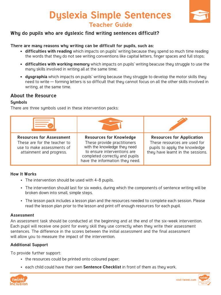 Dyslexia Simple Sentences Teacher Guide | PDF | Dyslexia | Cognitive ...