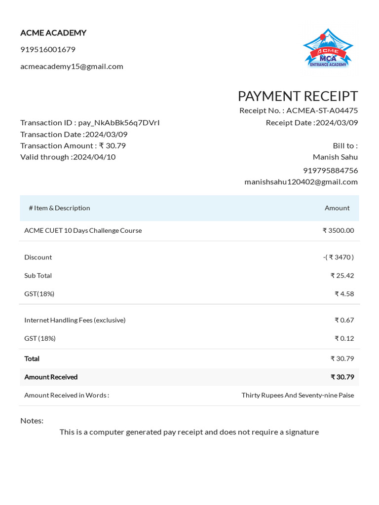 Payment Receipt: Acme Academy | PDF
