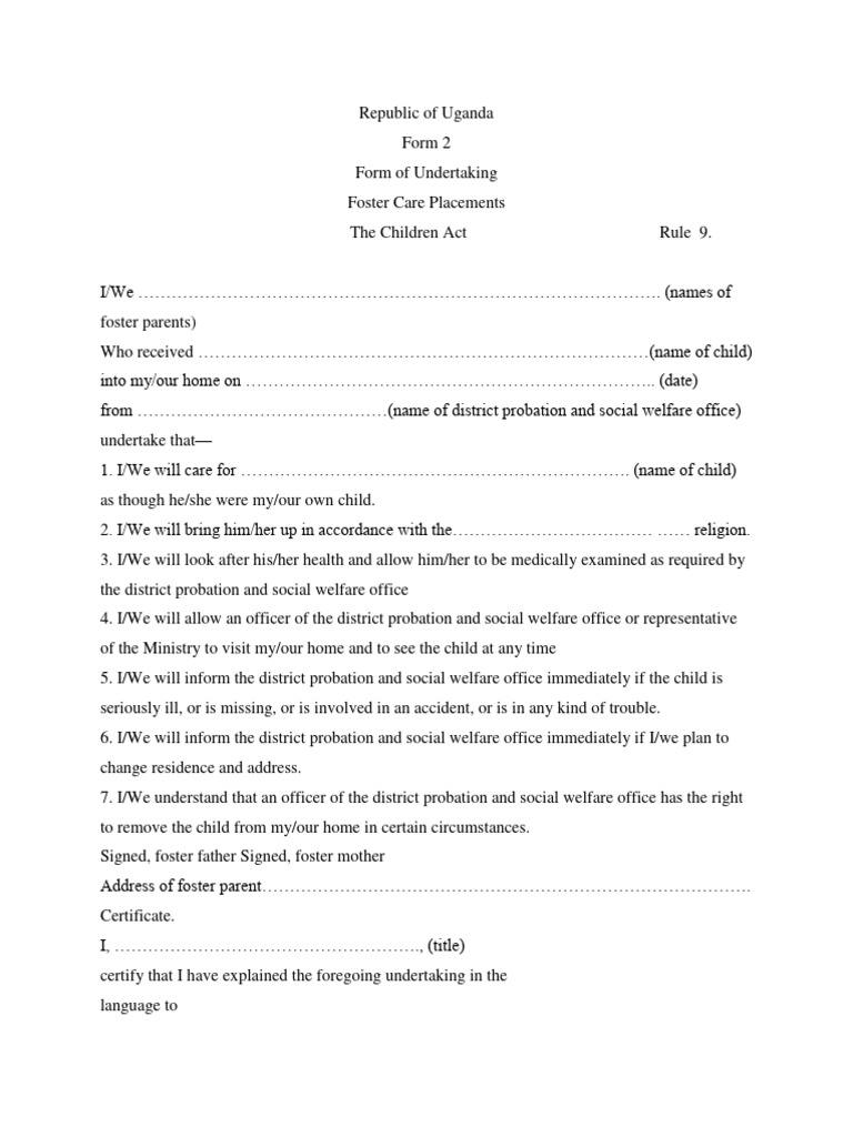 Uganda Foster Care Undertaking Form | PDF | Law | Wellness