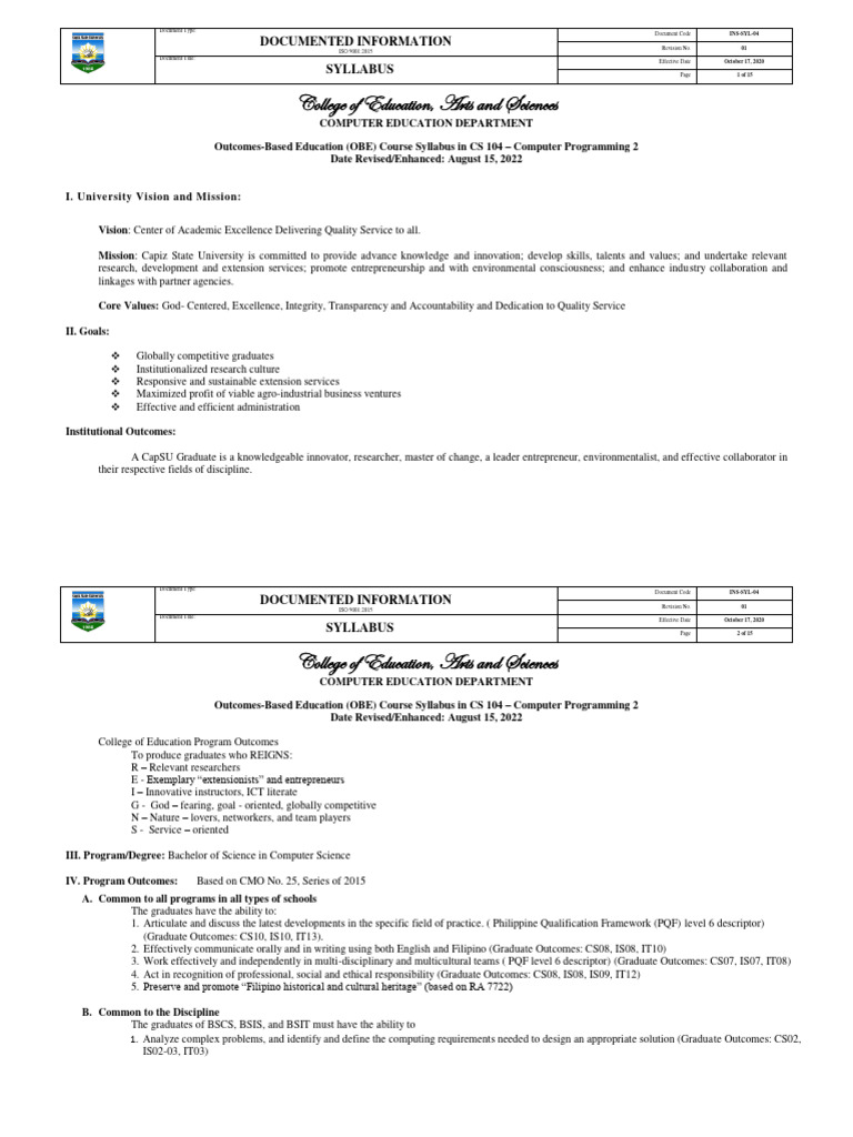 Syllabus With Curriculum Map - CS 104 Computer Programming 2 | PDF | Computing | Java ...