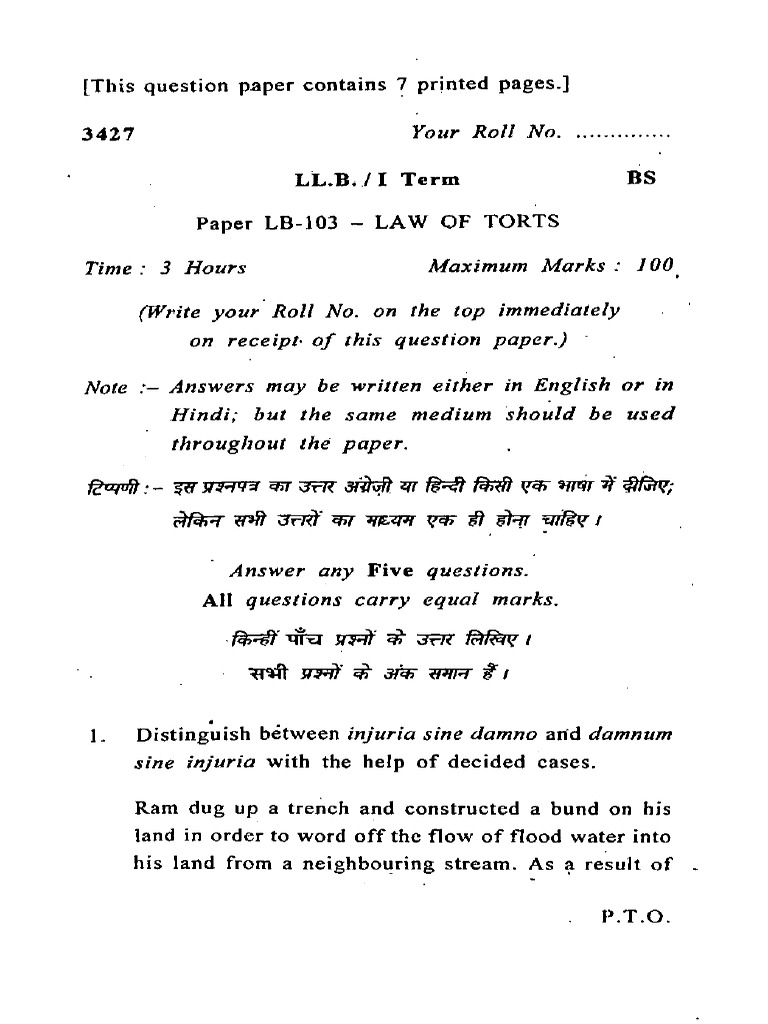 LLB I Term Paper LB - 103 - Law of Torts | PDF