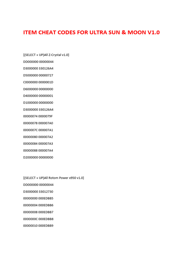 Item Cheat Codes For Ultra Sun & Moon V 1.0 | PDF