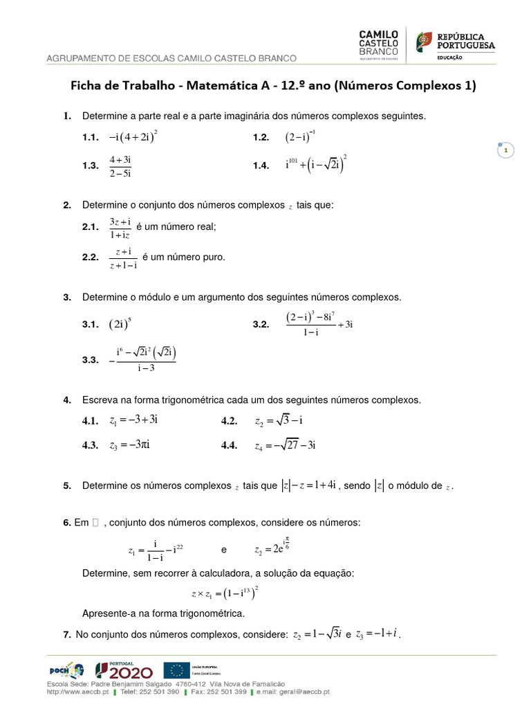 Exercícios de Números Complexos para o 12º Ano | PDF | Número complexo | Álgebra abstrata