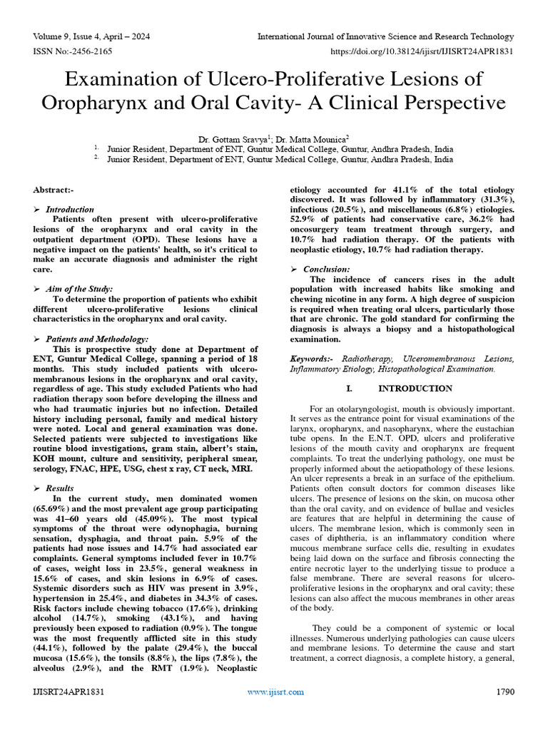 Examination of Ulcero-Proliferative Lesions of Oropharynx and Oral ...