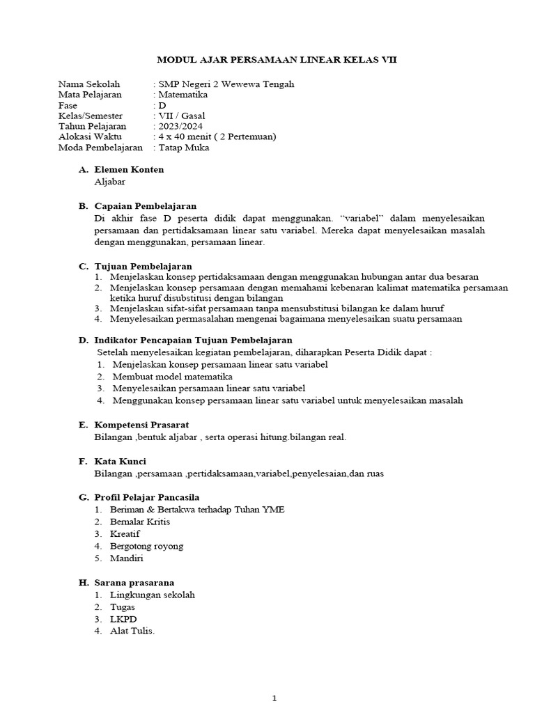 MODUL AJAR PERSAMAAN LINEAR Pertemuan 1 | PDF | Karier & Perkembangan MODUL AJAR PERSAMAAN LINEAR Pertemuan 1 | PDF | Karier & Perkembangan