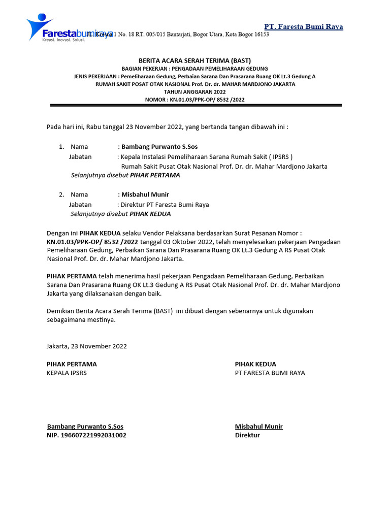 BAST Pemeliharaan Gedung RS Pusat Otak | PDF