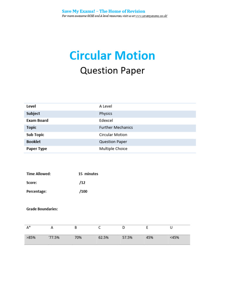 22 - Circular Motion Multiple Choice QP | PDF | Qualifications | Educational Institutions