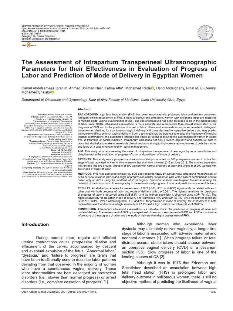The Assessment of Intrapartum Transperineal Ultrasonographic Parameters ...