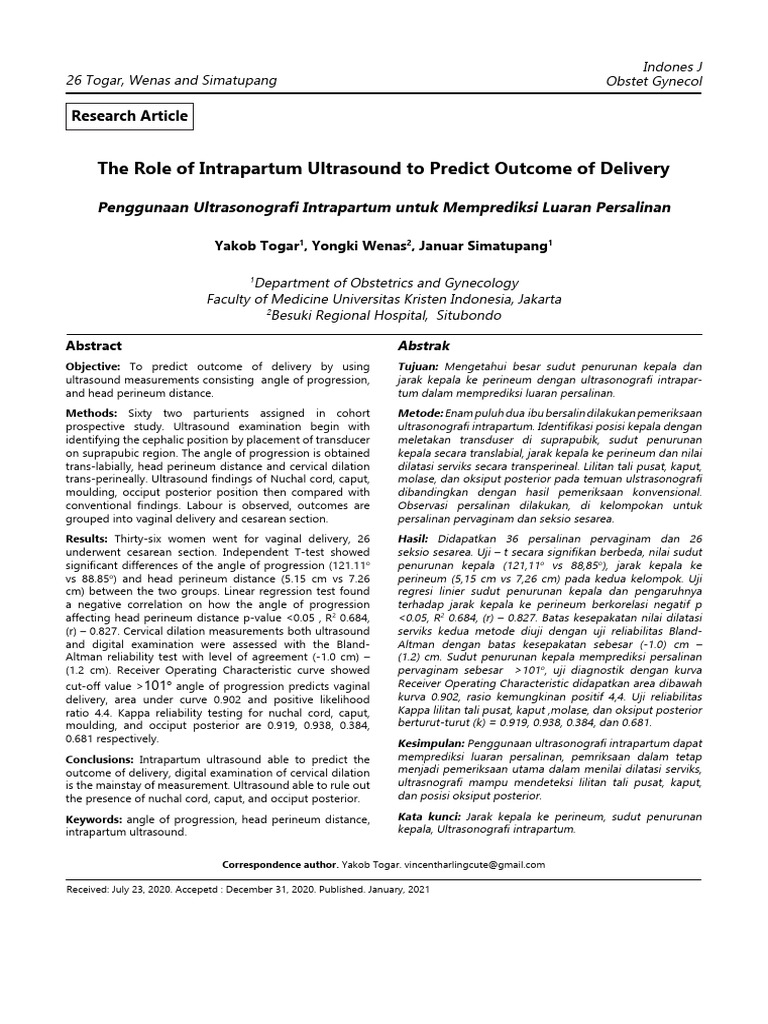 The Role of Intrapartum Ultrasound To Predict Outcome of Delivery | PDF ...