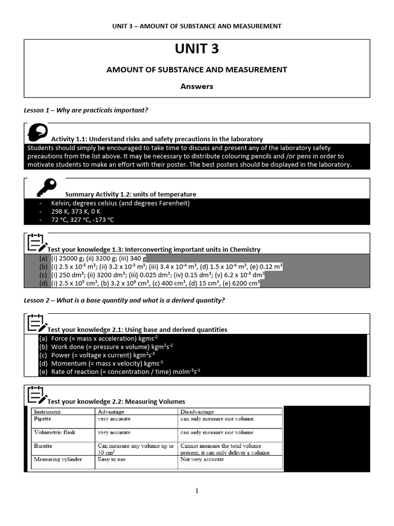 Unit 3 - Amount of Substance and Measurement Answers | PDF | Chemistry ...