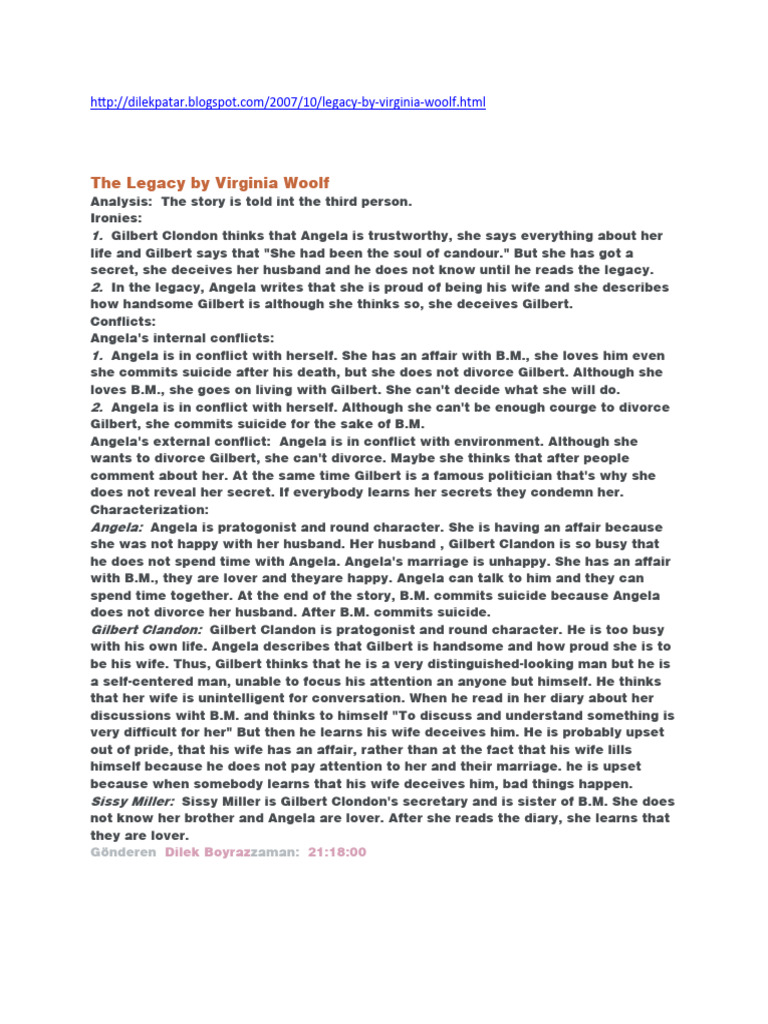 Analyzing Woolf's "The Legacy" | PDF | Virginia Woolf | Narration