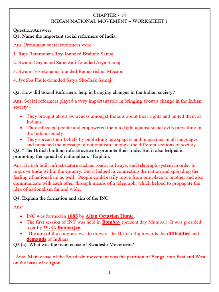 Answer Key - Worksheets | PDF | Mahatma Gandhi | Indian Independence ...