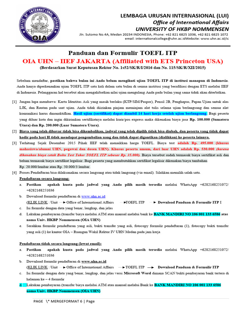 Panduan Pendaftaran TOEFL ITP | PDF