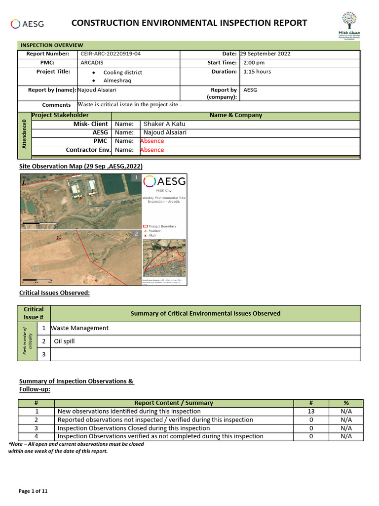 Weekly Environmental Inspection Report - ARCADIS | PDF | Waste | Topsoil