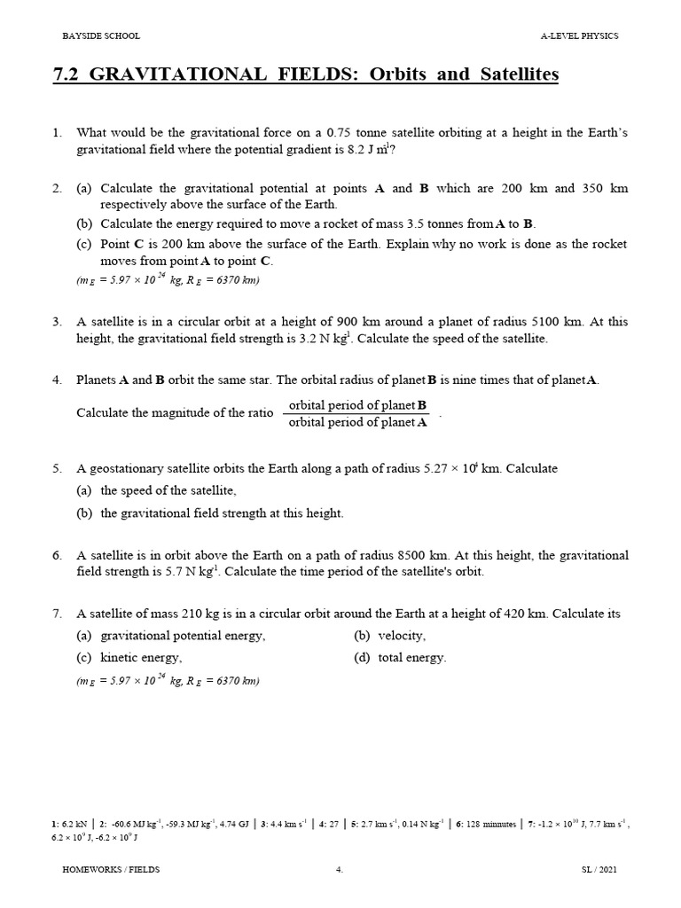 7.2 Gravitational Fields Homework 4 (Orbits and Satellites) | PDF ...