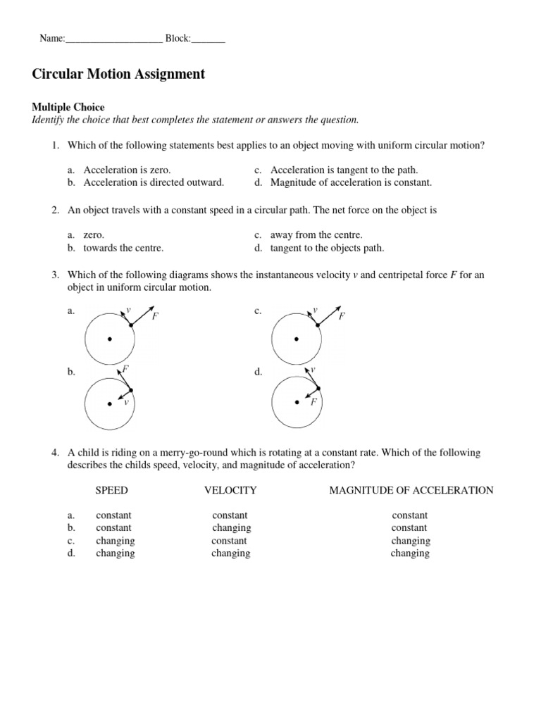 Circular Motion Assignment | PDF | Acceleration | Force