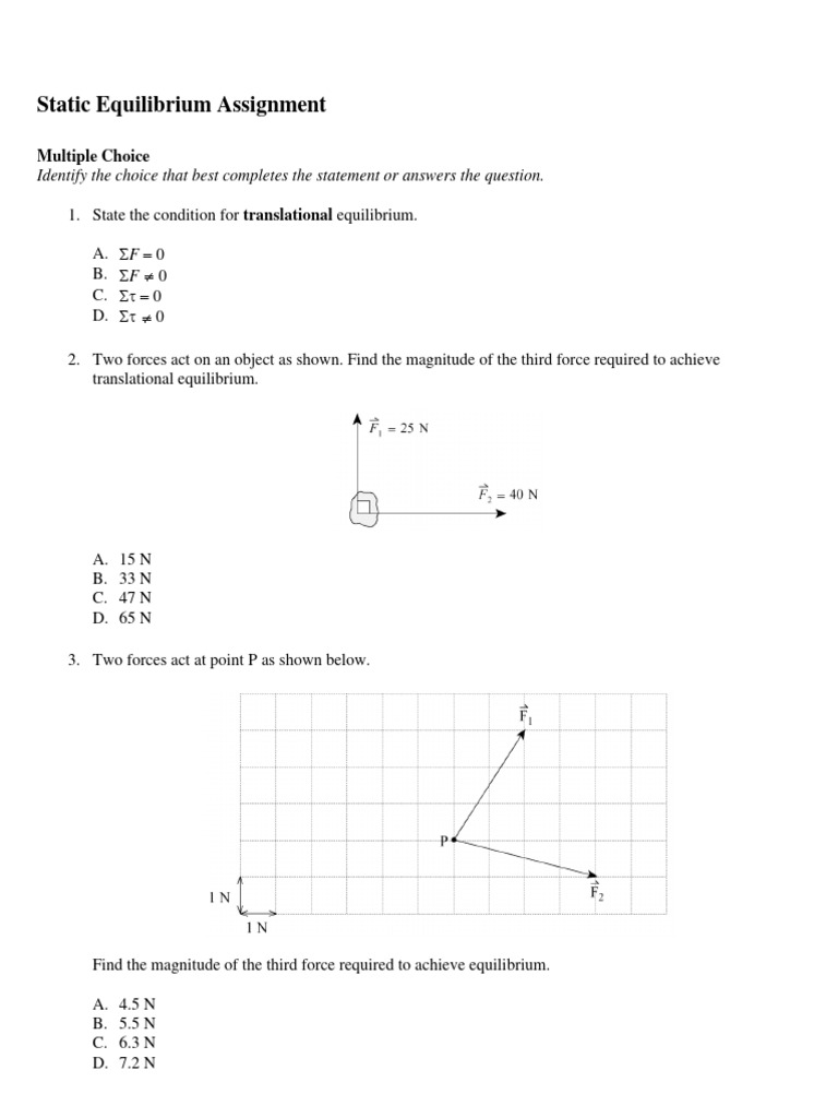 Static Equilibrium Assignment | PDF | Force | Tension (Physics)