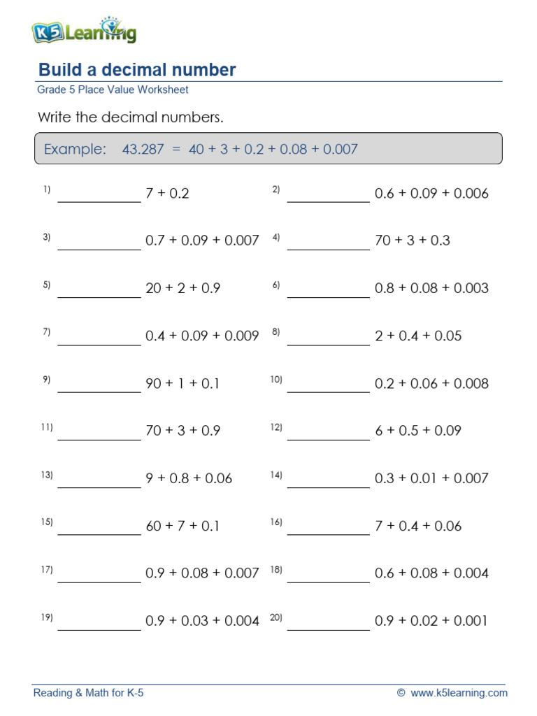 Grade 5 Place Value 5 Digit Decimals A | PDF | Mathematical Objects ...