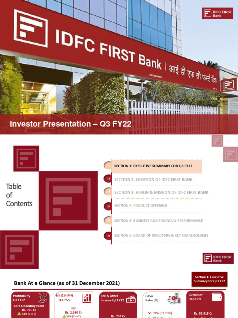 IDFC FIRST Bank Investor Presentation Q3 FY22 Final | PDF | Banks | Mergers And Acquisitions
