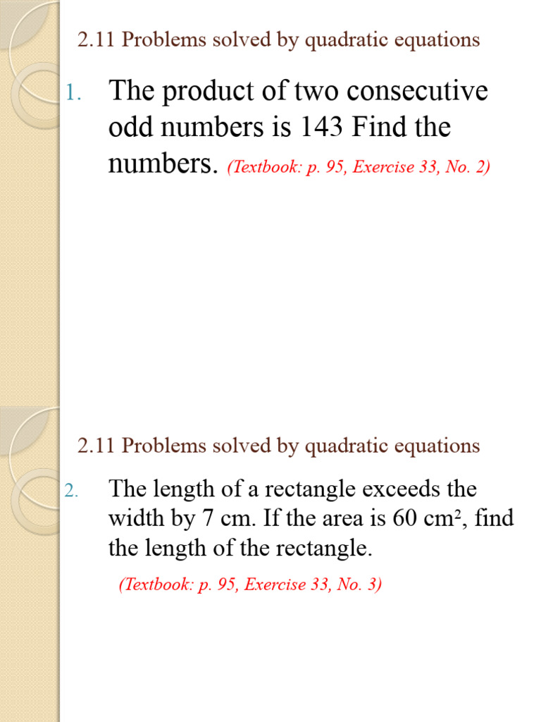 Quadratic Equation Exercises 33 Solutions | PDF | Area | Speed